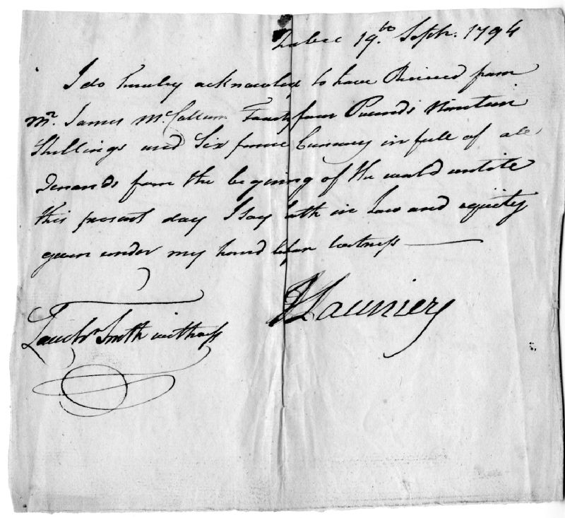 Reçu à l'endroit de James McCallum signé de J.Launier et L.Smith ...